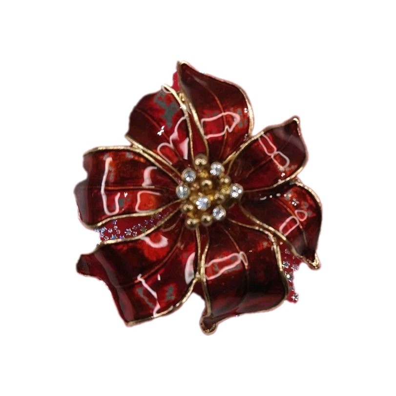Christmas Poinsettia Brooch Enamel Red Flower Pin With Clear ...