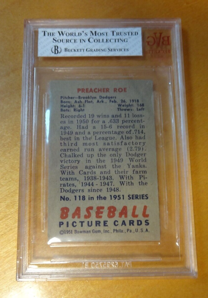 1951 Bowman Baseball Preacher Roe Dodgers Card #118 BVG 4 | eBay