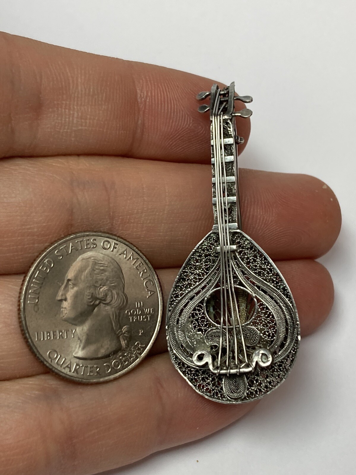 Vintage Silver Filigree Bass Guitar Pin Brooch Stringed Instrument ...