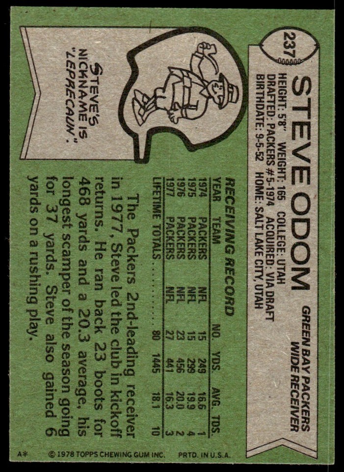 1978 TOPPS STEVE ODOM GREEN BAY PACKERS #237 | eBay