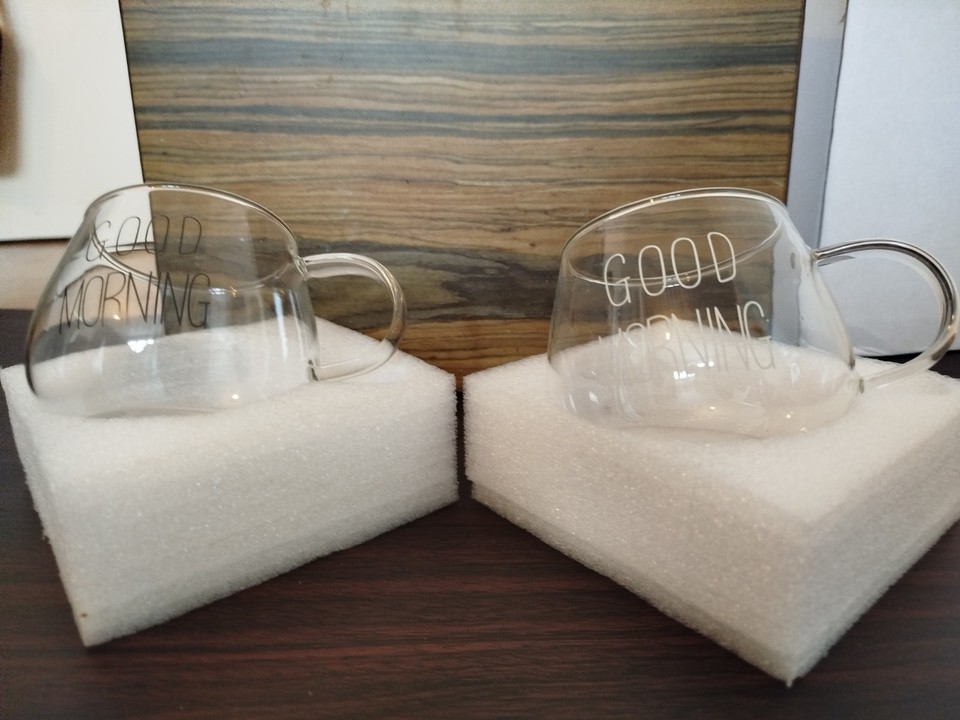 2 Glass Heat Resistant Good Morning Coffee Cups | eBay UK