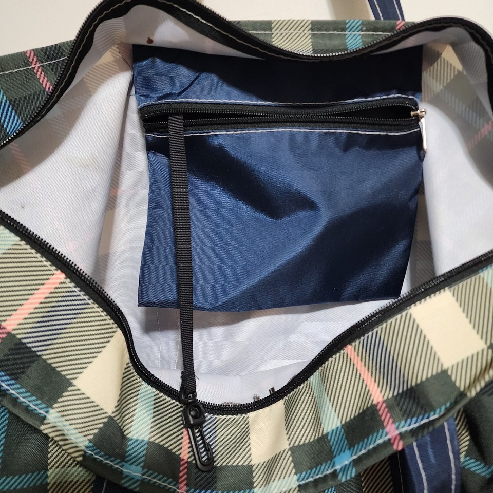 L.L.Bean Plaid Tote Bag SHC Monogram Blue Green Pink Polyester Large ...