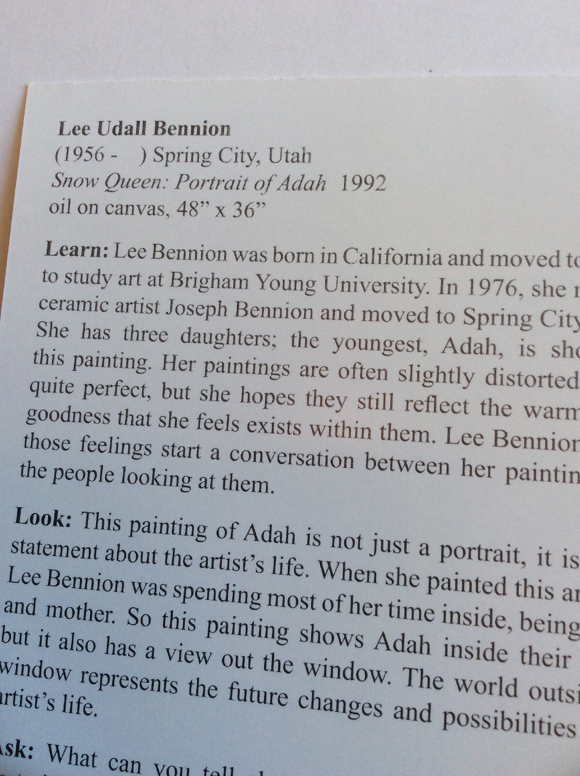 Lee Udall Bennion Promotional Art Post Card Snow Queen Portrait Of Adah ...