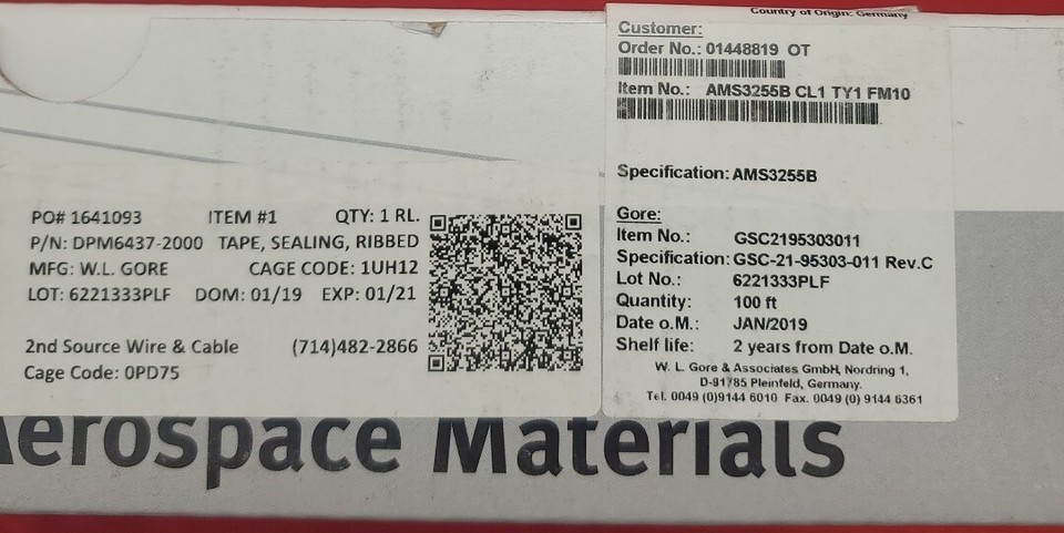 Gore Skyflex Aircraft Ribbed Sealant Tape 110 Series Aerospace Material ...