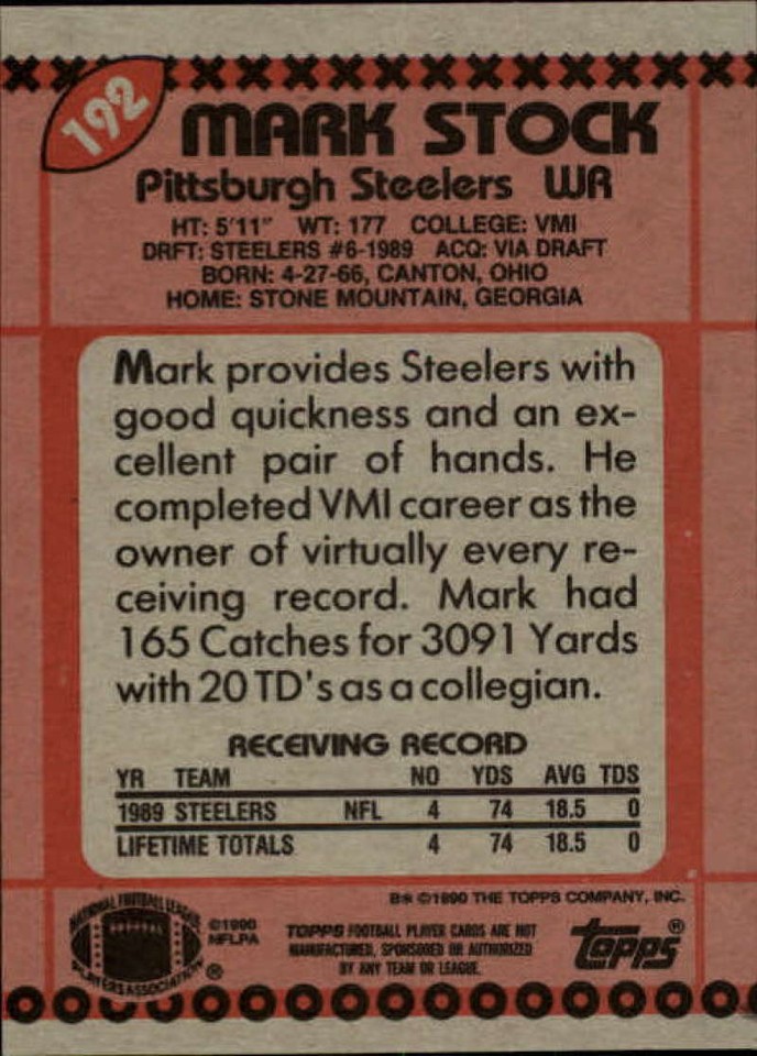 1990 Topps #192 Mark Stock Steelers | eBay