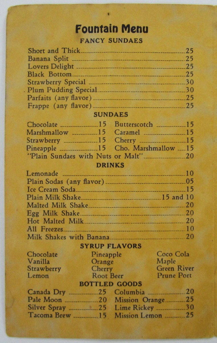 Old Fashioned Soda Shop Menu