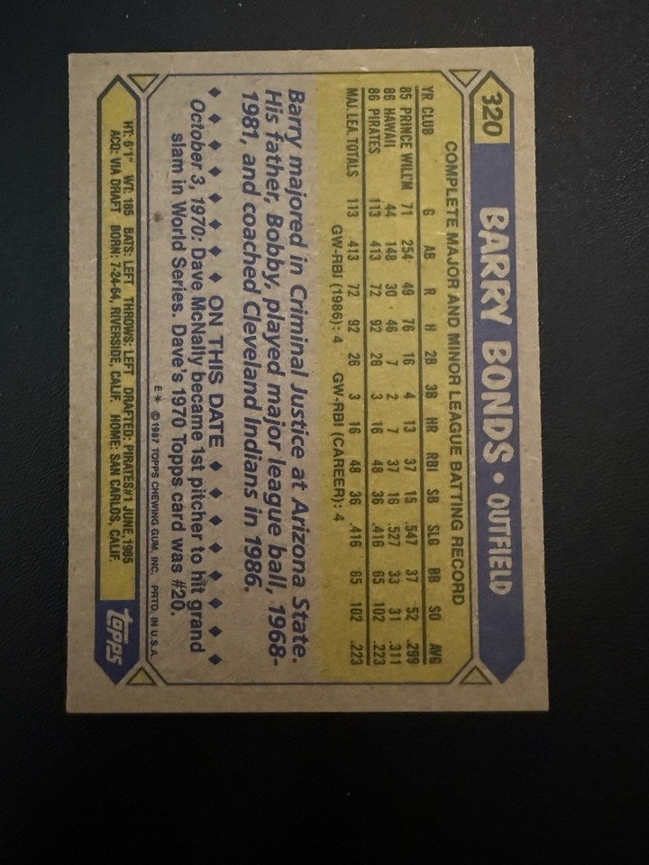 True Multiple Error Card 1987 Topps Barry Bonds #320 Rookie Card More ...