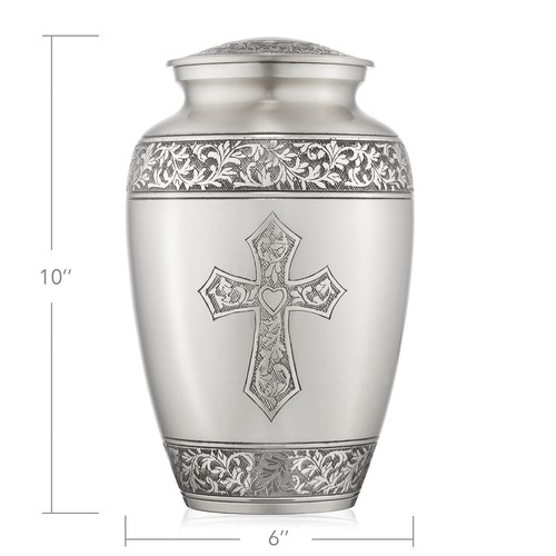 Adult Cremation Memorial Urn for Human Ashes, Pewter Etched Cross Brass ...