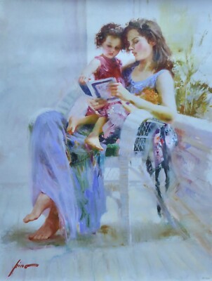 Pino "Book of Poems" Mother & daughter Artist Embellished Canvas HAND ...