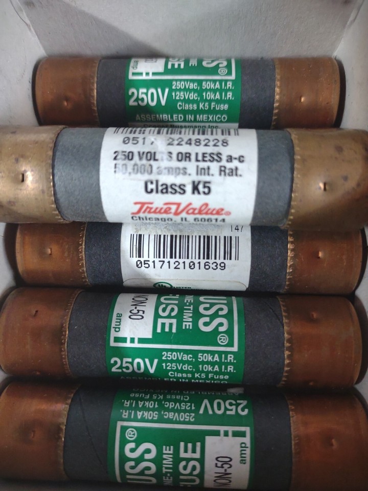 6 NON-50 Buss Fuses Bussman Master Electrician One-Time 50 Amp 250V ...