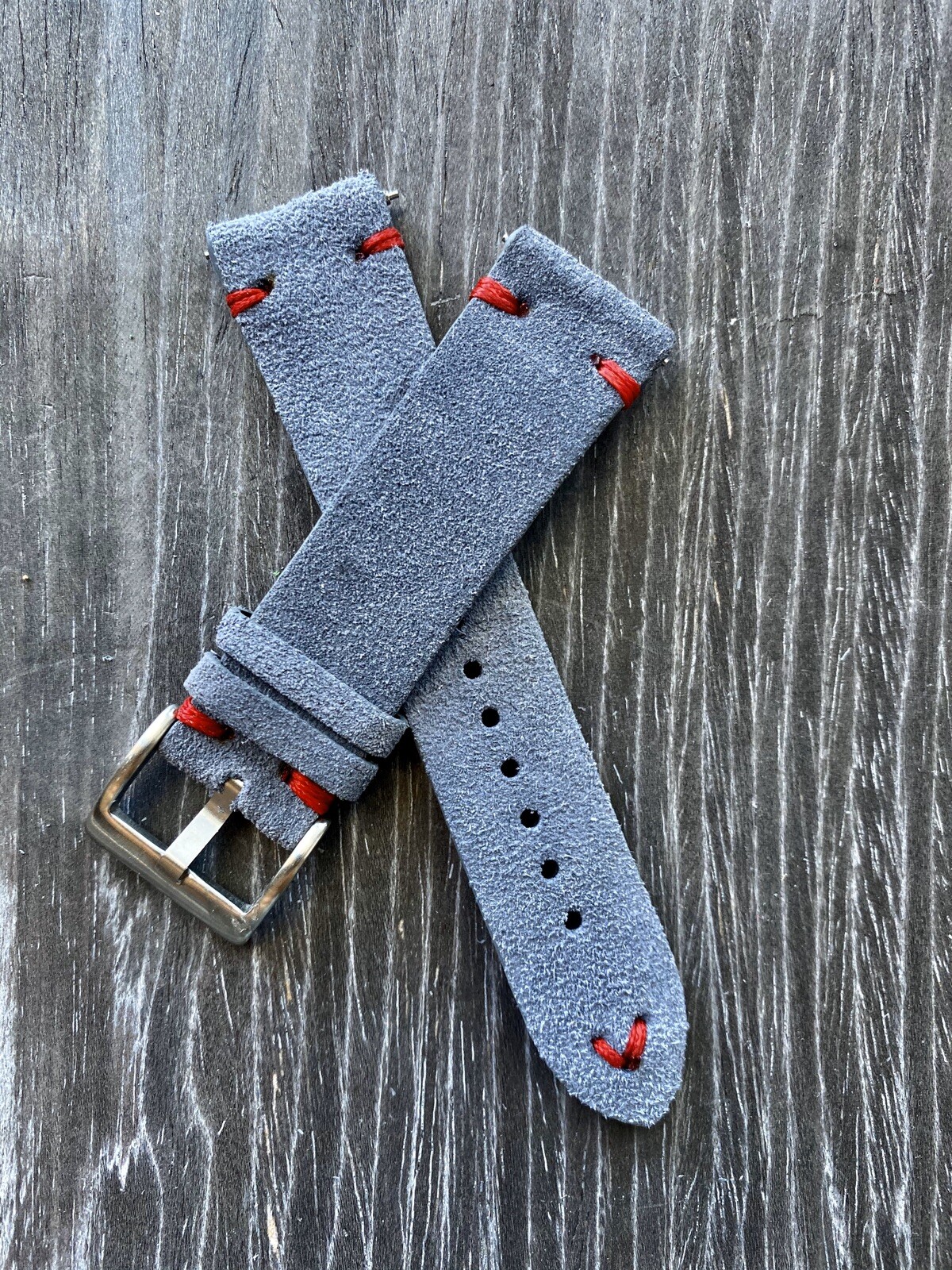 19mm GRAY Suede Vintage Leather Watch Strap Band RED Stitch US Quick ...