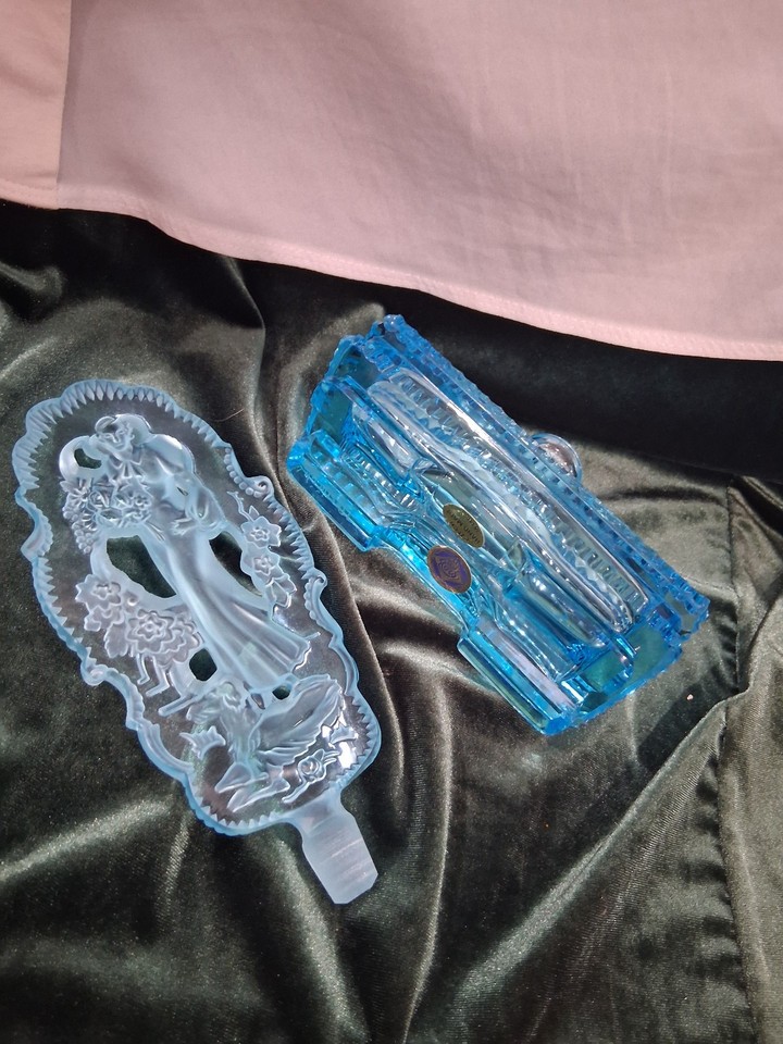 J Pesnicak Czech Intaglio Cut Lady w/ Dog at Feet Blue Perfume Bottle ...