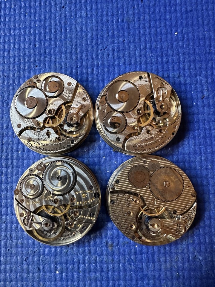 Four 16s Pocket Watch Movements. 2 Hamilton 17j 1 South Bend 15j 1 ...