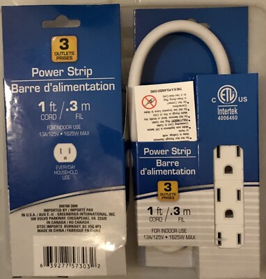 Lot Of 2x Intertek Power Strip 3 Outlet 1 ft Extension Cord Heavy Duty ...