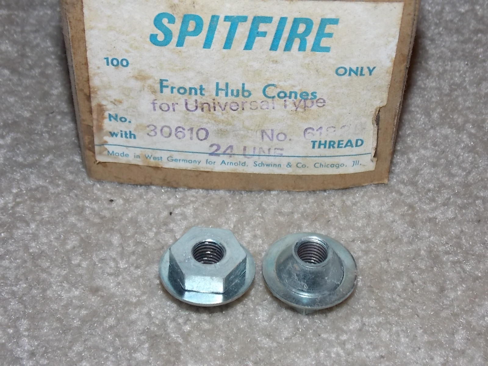NOS pair of Schwinn Spitfire universal 5/16" X 24 front axle hub cones ...