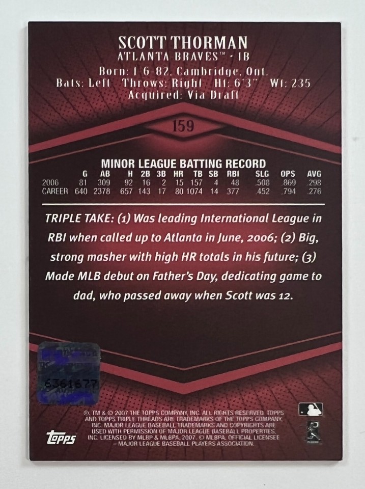 2007 Topps Triple Threads #159 Scott Thorman Rising Star Auto Relic 46/ ...