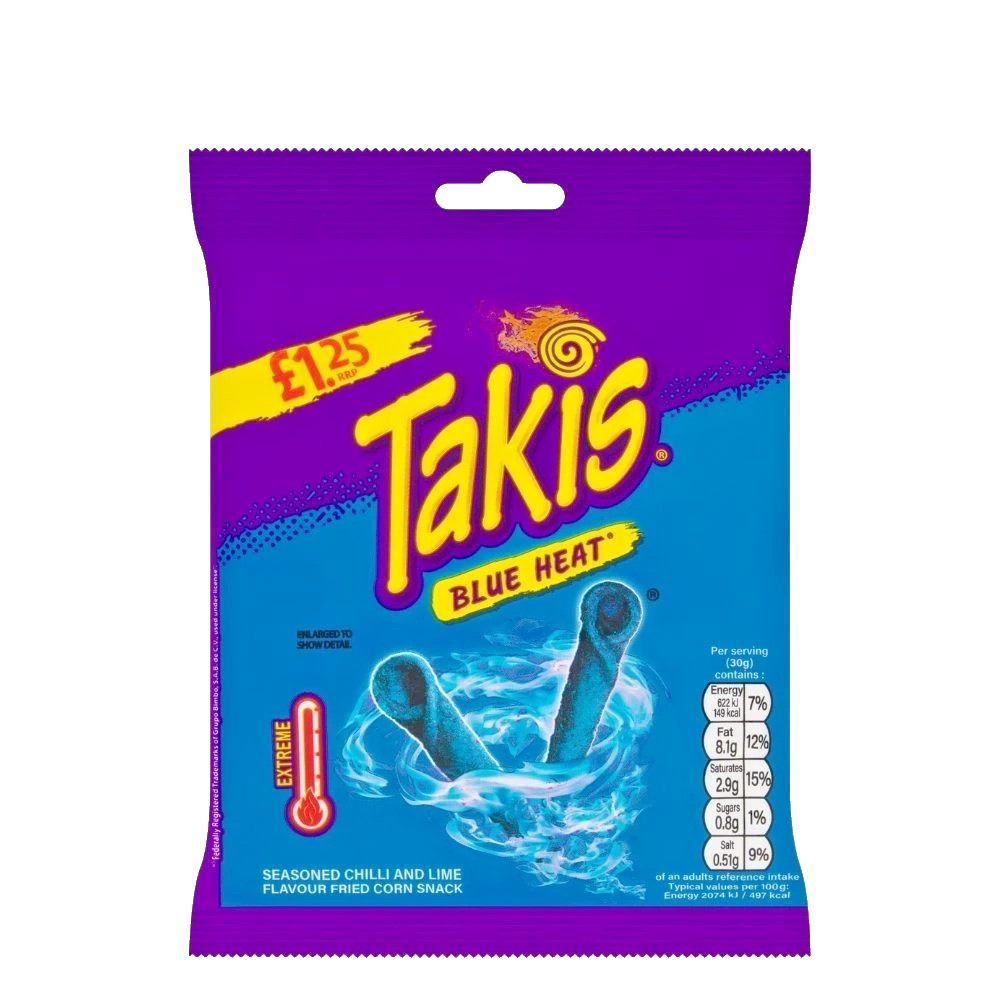 Takis Blue Heat 5 X 55g/Fast moving/Rolled snack/Fried Corn/Chilli Lime ...