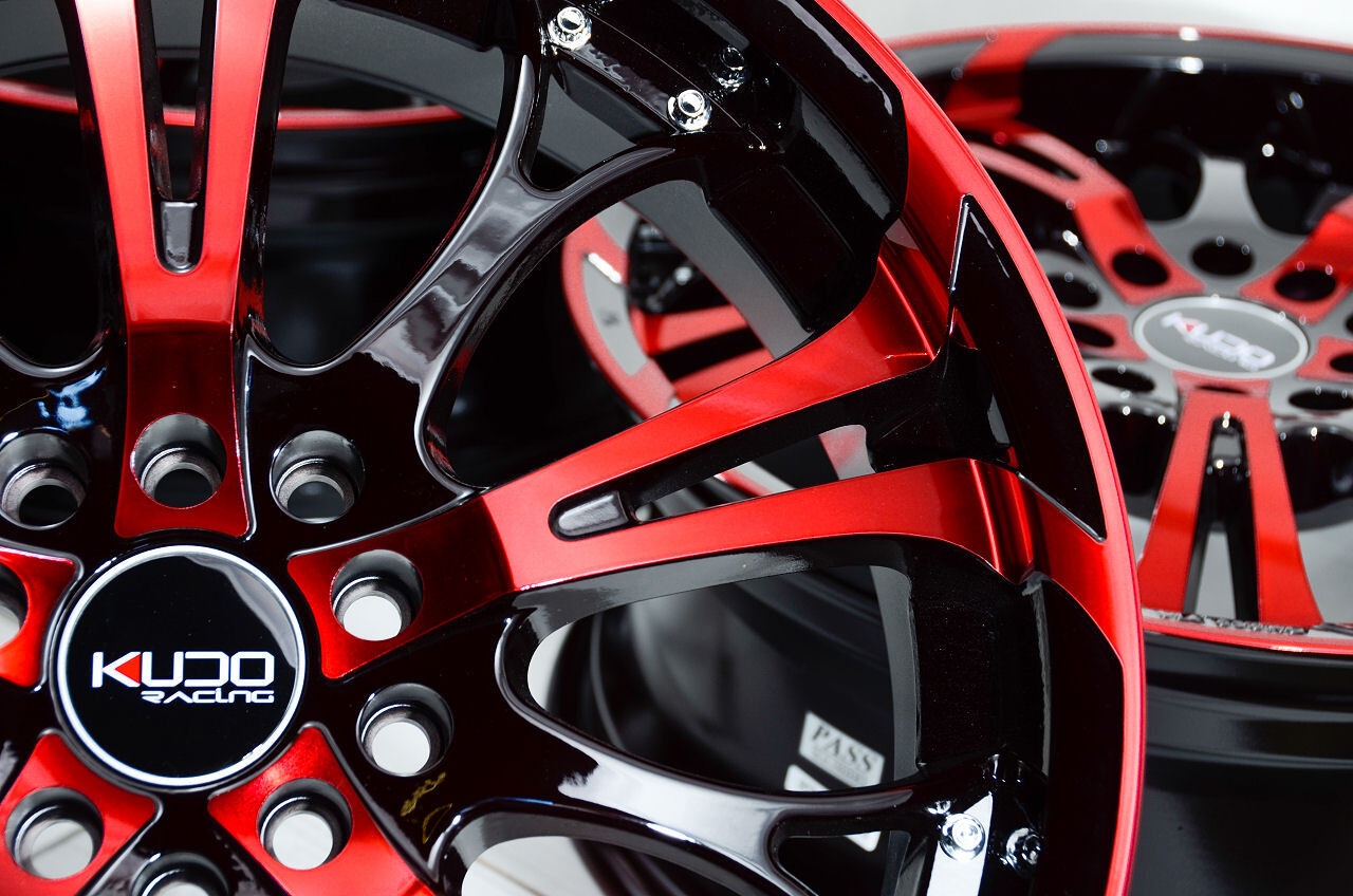 Kudo Racing Defuse 17x7 5x100 5x114.3 Black w/Red Face Chrome Rivets ...