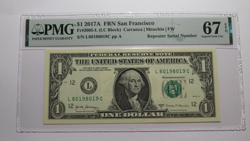 $1 2017 Repeater Serial Number Federal Reserve Currency Bank Note Bill ...