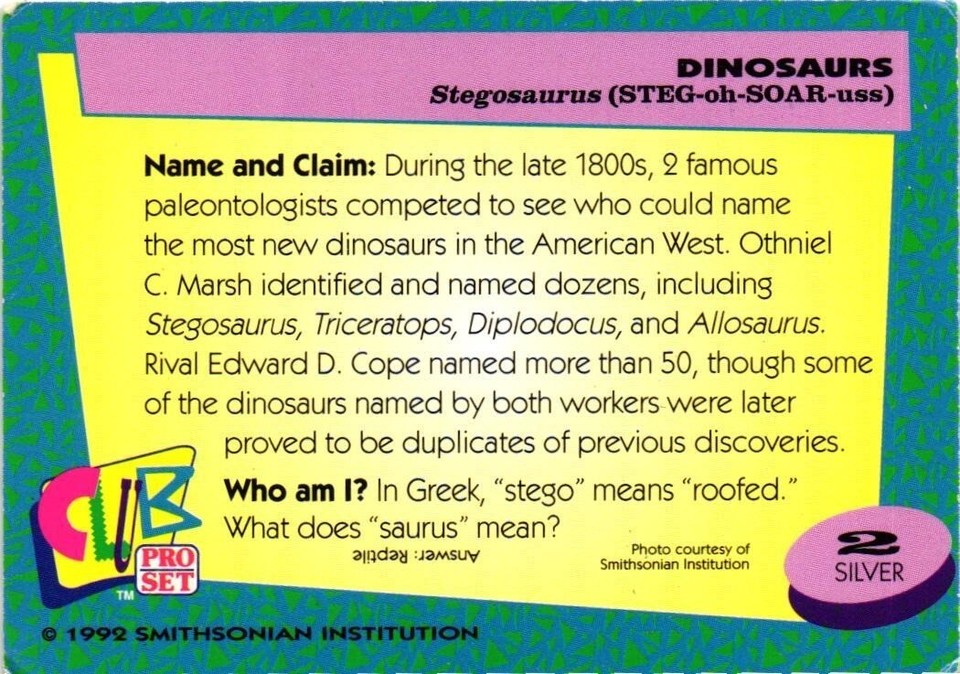 1992 Smithsonian Dinosaurs Trading Card #2 Stegosaurus Club Pro Set | eBay