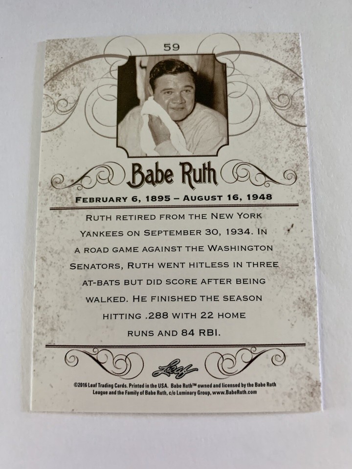 2016 Leaf Trading Baseball Card Babe Ruth: The Babe After His Final ...