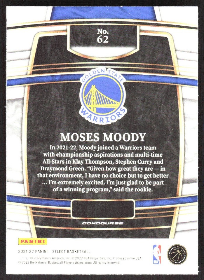 2021-22 989A Panini Select Moses Moody Rookie Golden State Warriors #62 | eBay