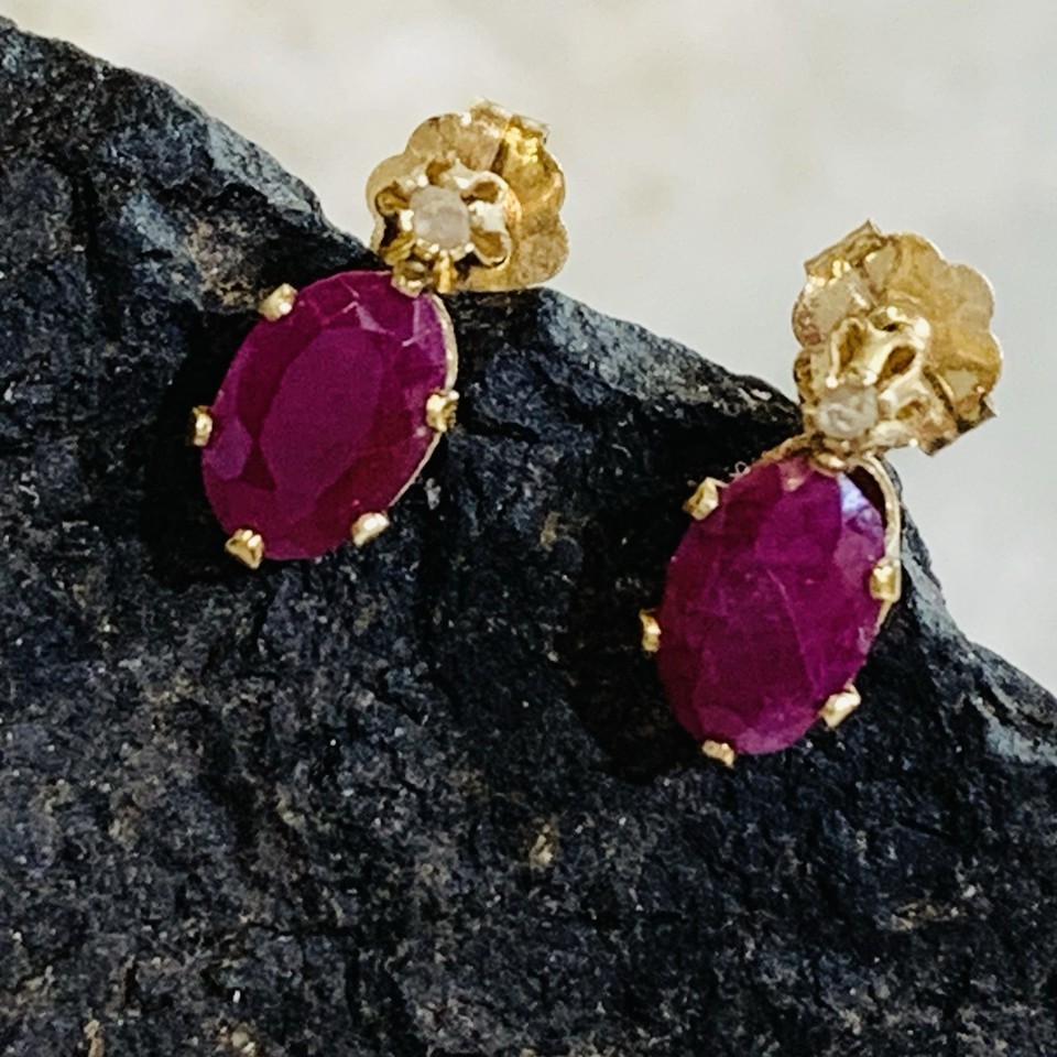 VTG 14k Yellow Gold Oval Ruby & Diamond Earrings ~3ctts .67gr Buttercup ...