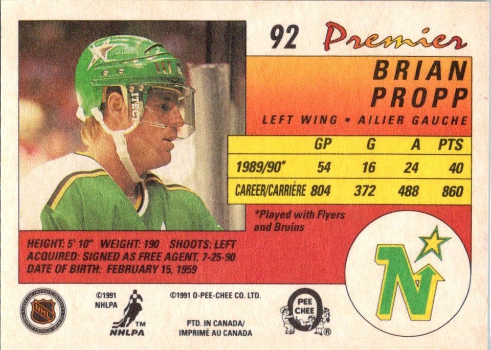 1990-91 O-Pee-Chee Premier Brian Propp Card #92 North Stars | eBay