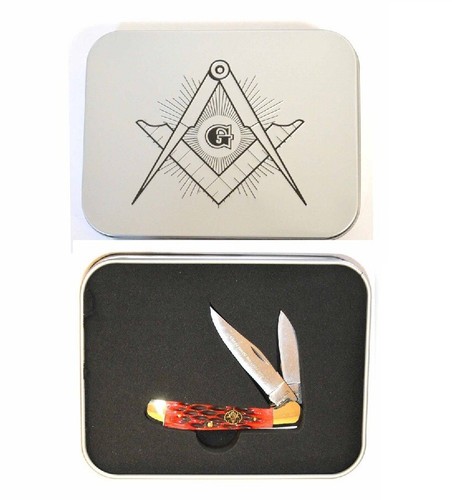 Masonic pocket knife CopperHead peanut Red Bone Handle FREEMASONS Tin ...