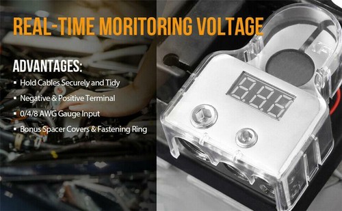 2Pcs Digital Car Battery Terminal Connectors W/Voltmeter 0/4/8 Gauge ...
