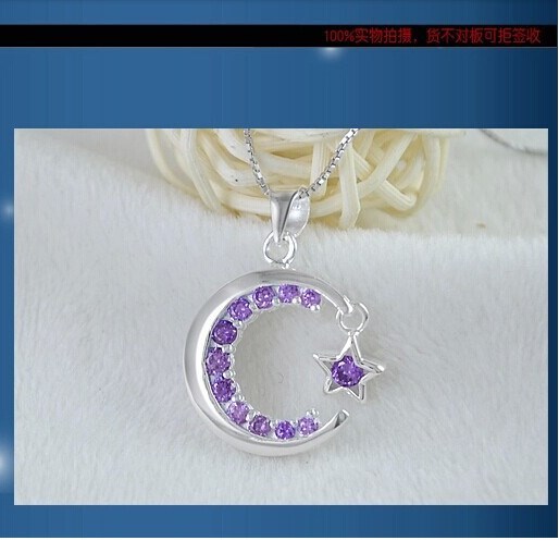 18" Chain Sterling silver pendant star and moon with zircon amethyst ...