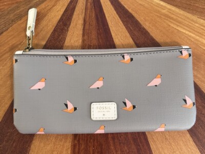 FOSSIL Cosmetic Makeup Bag Coated Canvas Zip Gray With Bird Pattern 9x4 ...