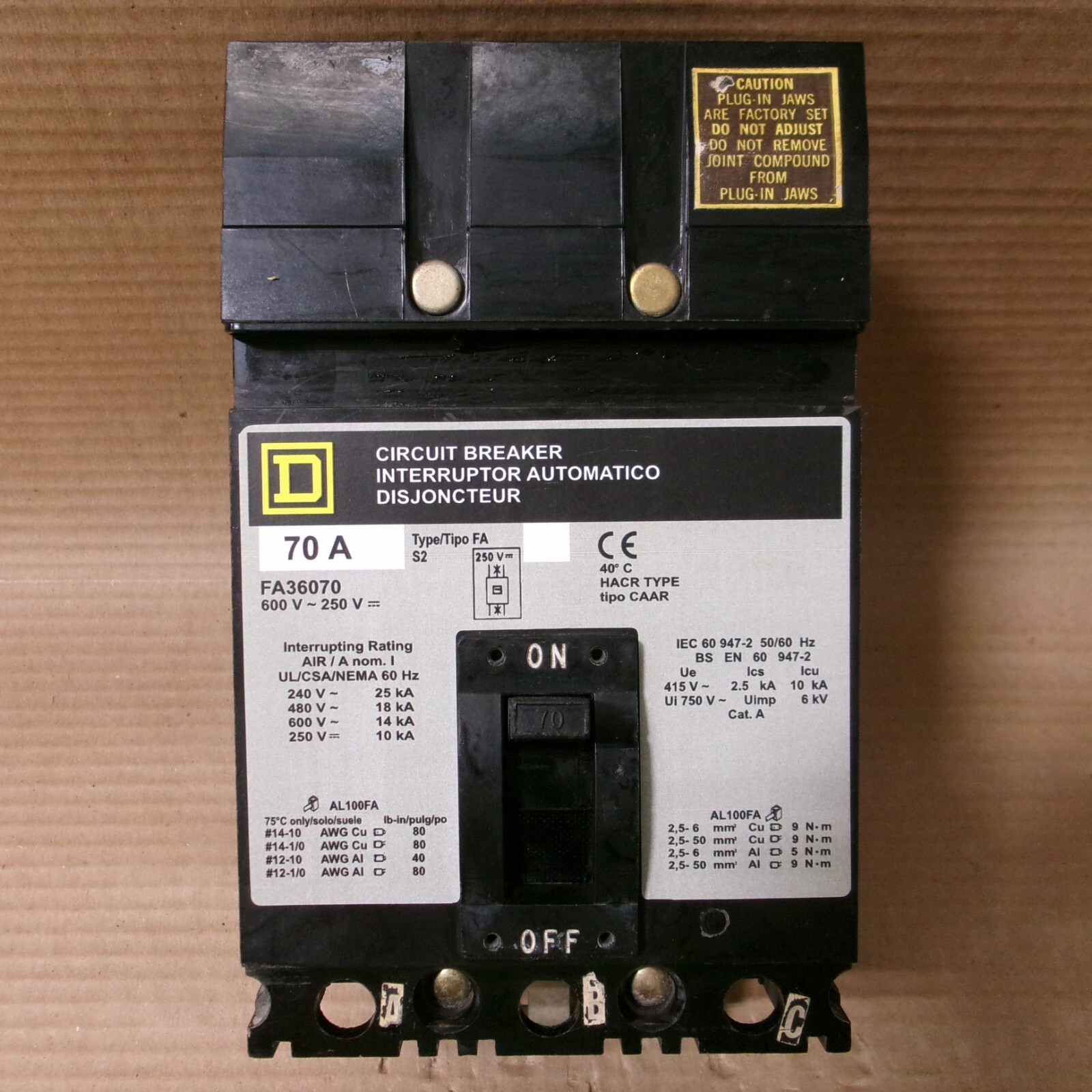 Square D FA FA36070 3 Pole 70 Amp 600V Relabeled Gray Circuit Breaker I ...
