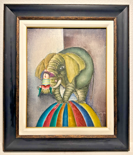 J. Roybal Signed "Elephant on Balloon with Child" Canvas Brown Frame 24 ...