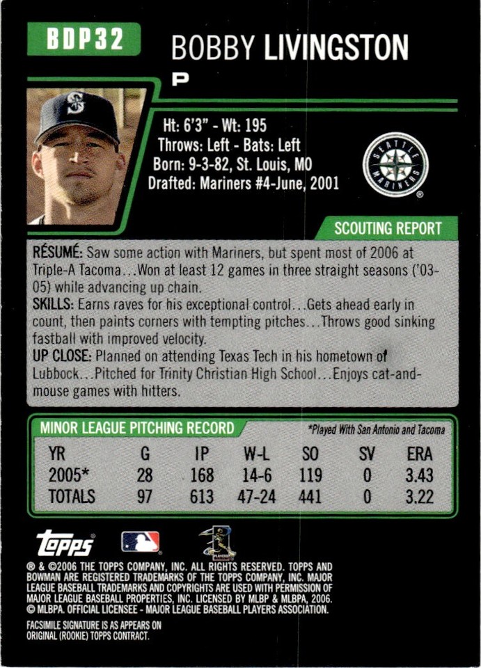 2006 Bowman Draft Picks Baseball Card Bobby Livingston Rookie Seattle ...