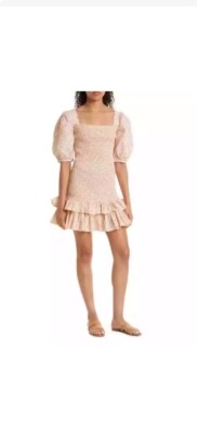By TiMo Dress Womens Small Cream Pink Mini Ditsy Floral Smocked Ruffle ...