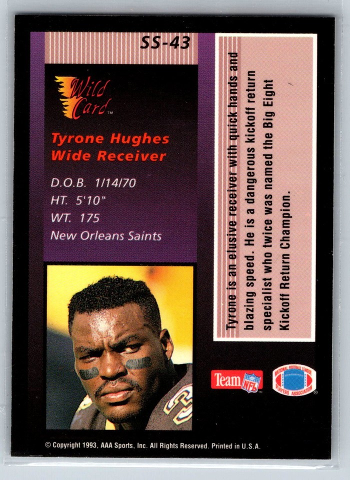 1993 Wild Card Tyrone Hughes Rookie Stat Smashers Rookies Saints RC #SS ...
