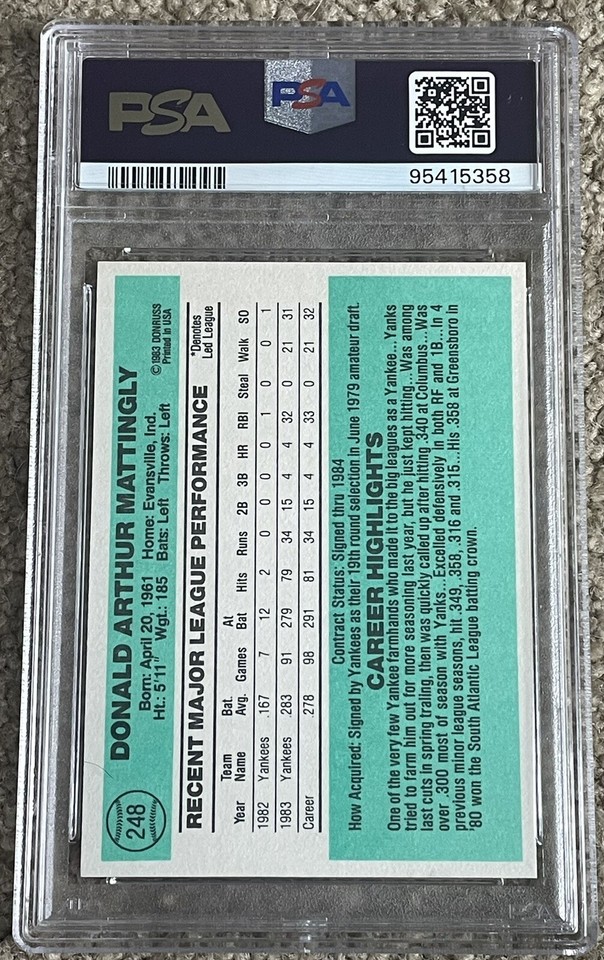 1984 Donruss Don Mattingly PSA 9 Rookie #248 New Label Donnie Baseball ...