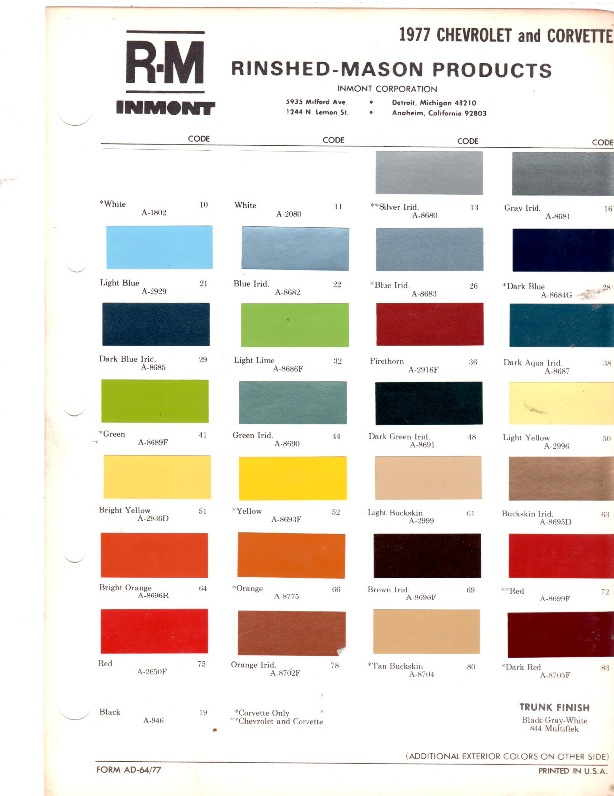 1977 CHEVROLET CORVETTE CAMARO MALIBU MONTE CARLO IMPALA MONZA 77 PAINT ...