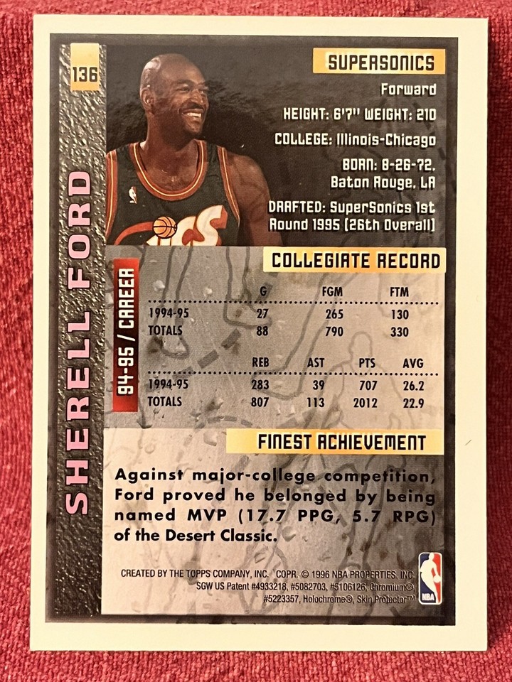 1995-96 Topps Finest Sherell Ford #136 Rookie Card Seattle SuperSonics ...