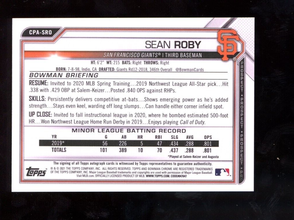 2021 Bowman Chrome SEAN ROBY Auto #CPA-SRO | eBay
