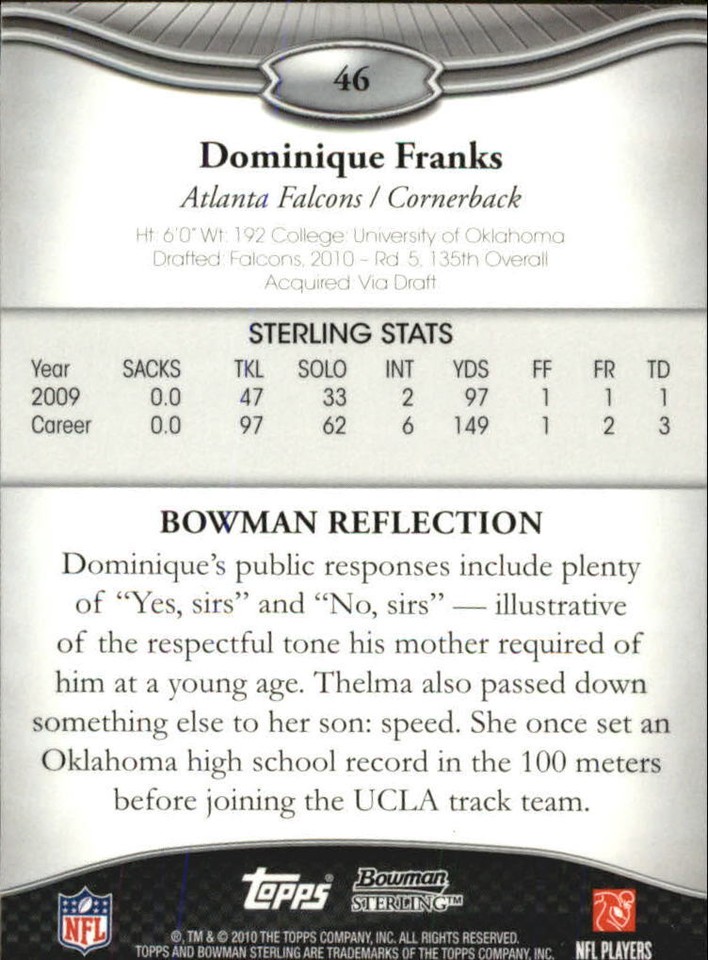 2010 Bowman Sterling #46 Dominique Franks Rookie Football Card | eBay