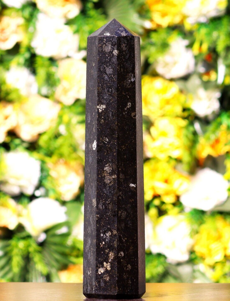 275MM Black Coppernite Crystal Healing Tower Chakra 8 Faceted Gemstone ...