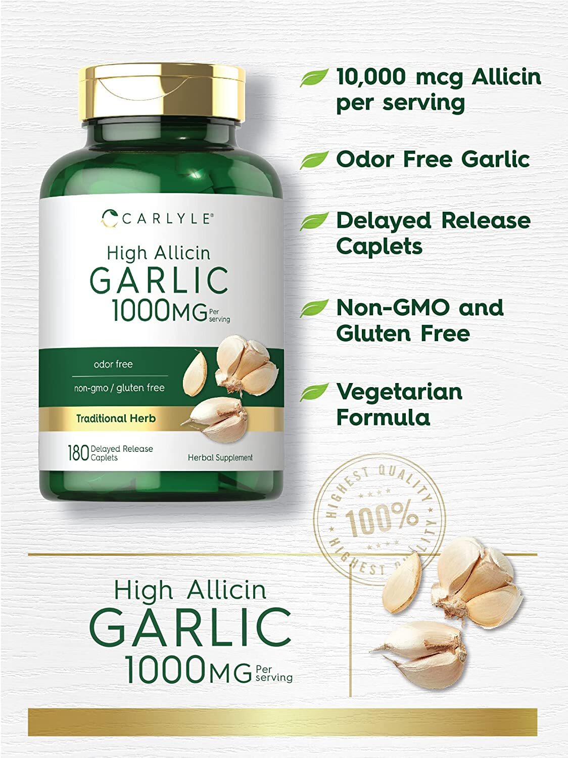 Garlic Supplement | High Allicin 1000mg | 180 Caplets | Odorless | by ...