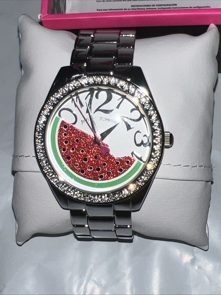Betsey Johnson Rotating Watermelon Watch 40mm Silver Tone Rhinestones ...