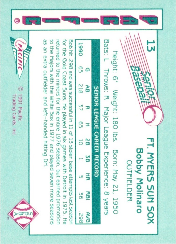 1991 Pacific Senior League Bobby Molinaro . Fort Myers Sun Sox #13 | eBay