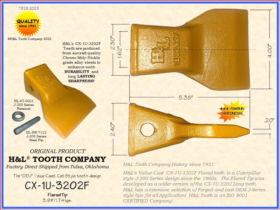 1U3202F, 109-9200 CAT Style J200 Flare Bucket Teeth (5 Pack) + Hardware ...