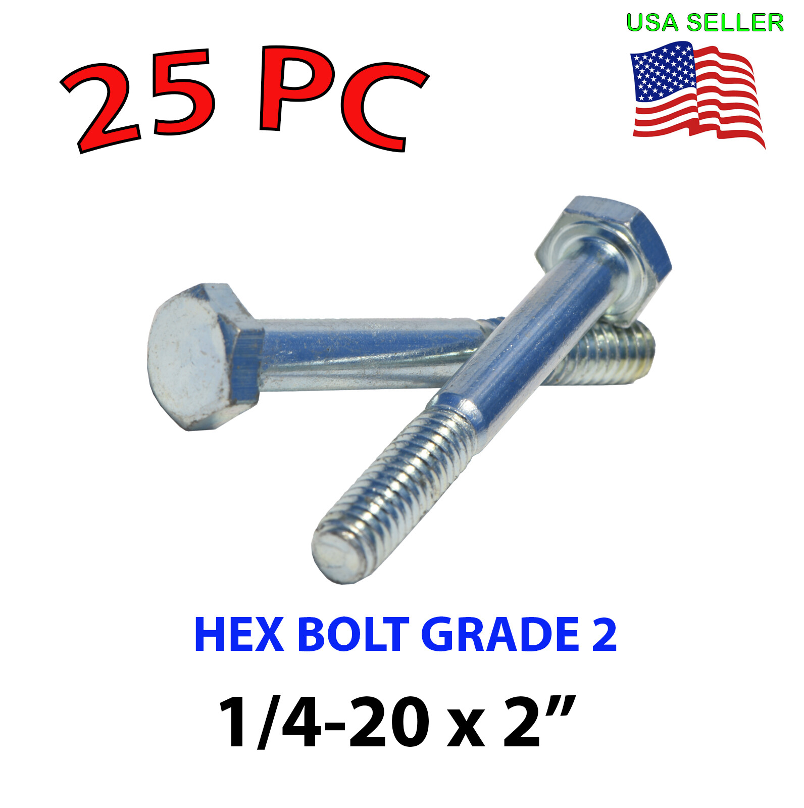 (Qty 25) 1/4-20 x 2" Hex Bolt Zinc Plated Grade 2 Cap Screw Partial ...