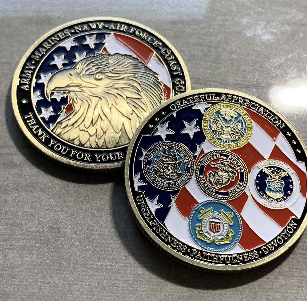 US Military Eagle Challenge Coin "THANK YOU" ARMY-NAVY- AIR FORCE COAST ...