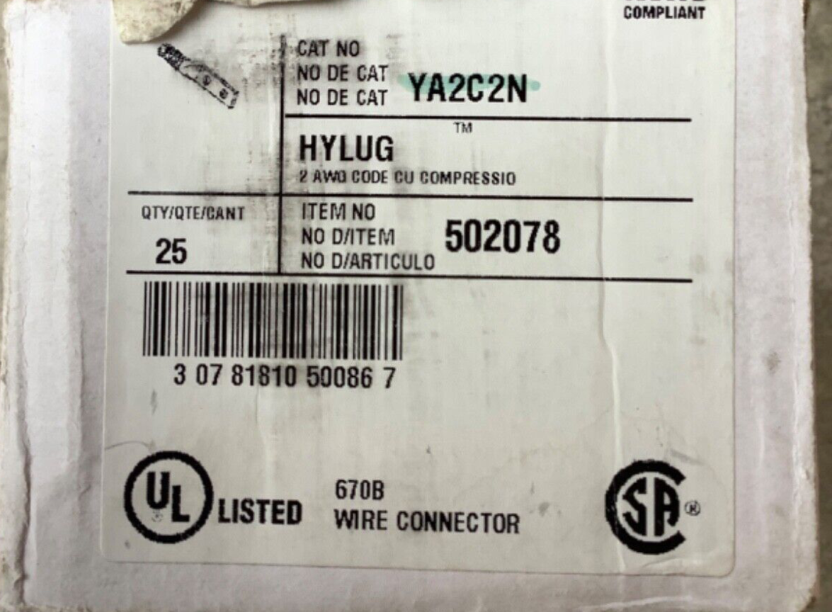 Box of 19 pcs, Burndy YA2C2N,#2AWG Crimp Lug with 2 - 1/2” Bolt Holes ...